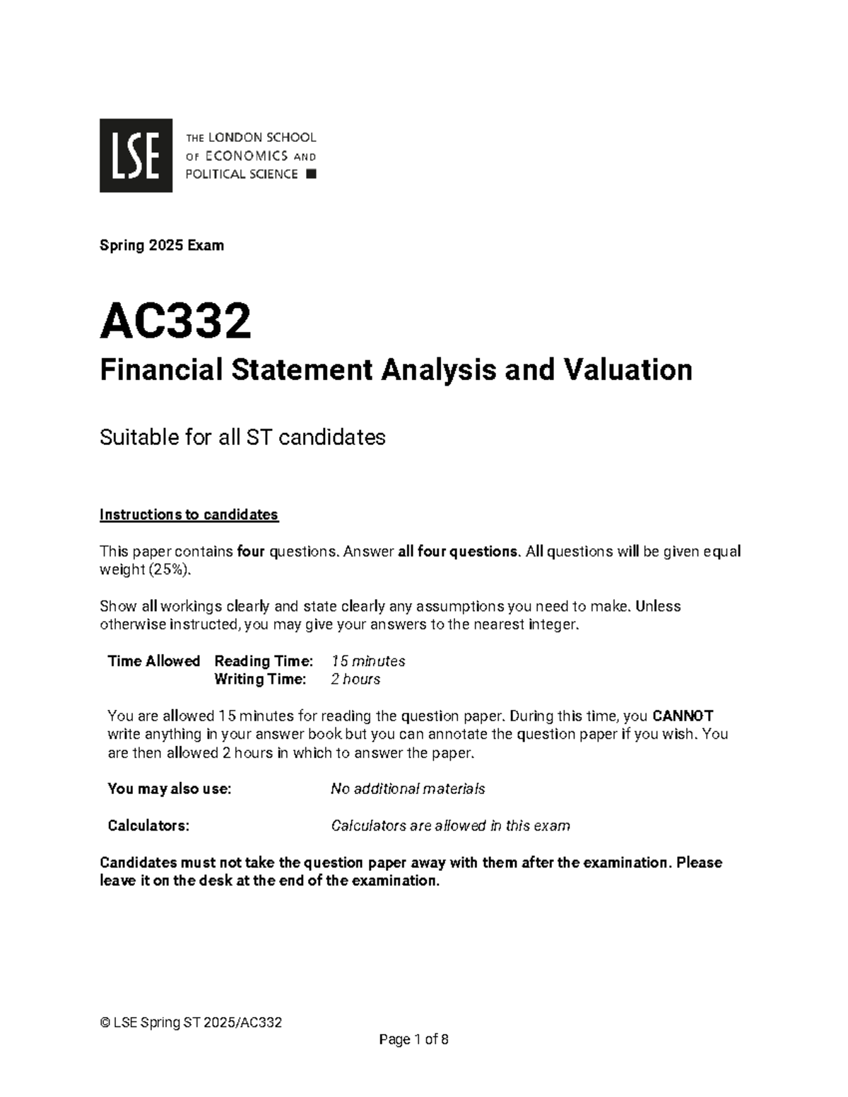 AC332 Spring 2025 Final Exam: Financial Statement Analysis & Valuation ...