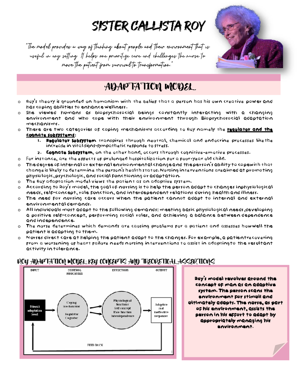 Sister Callista Roy's Adaptation Model: Key Concepts and Nursing ...