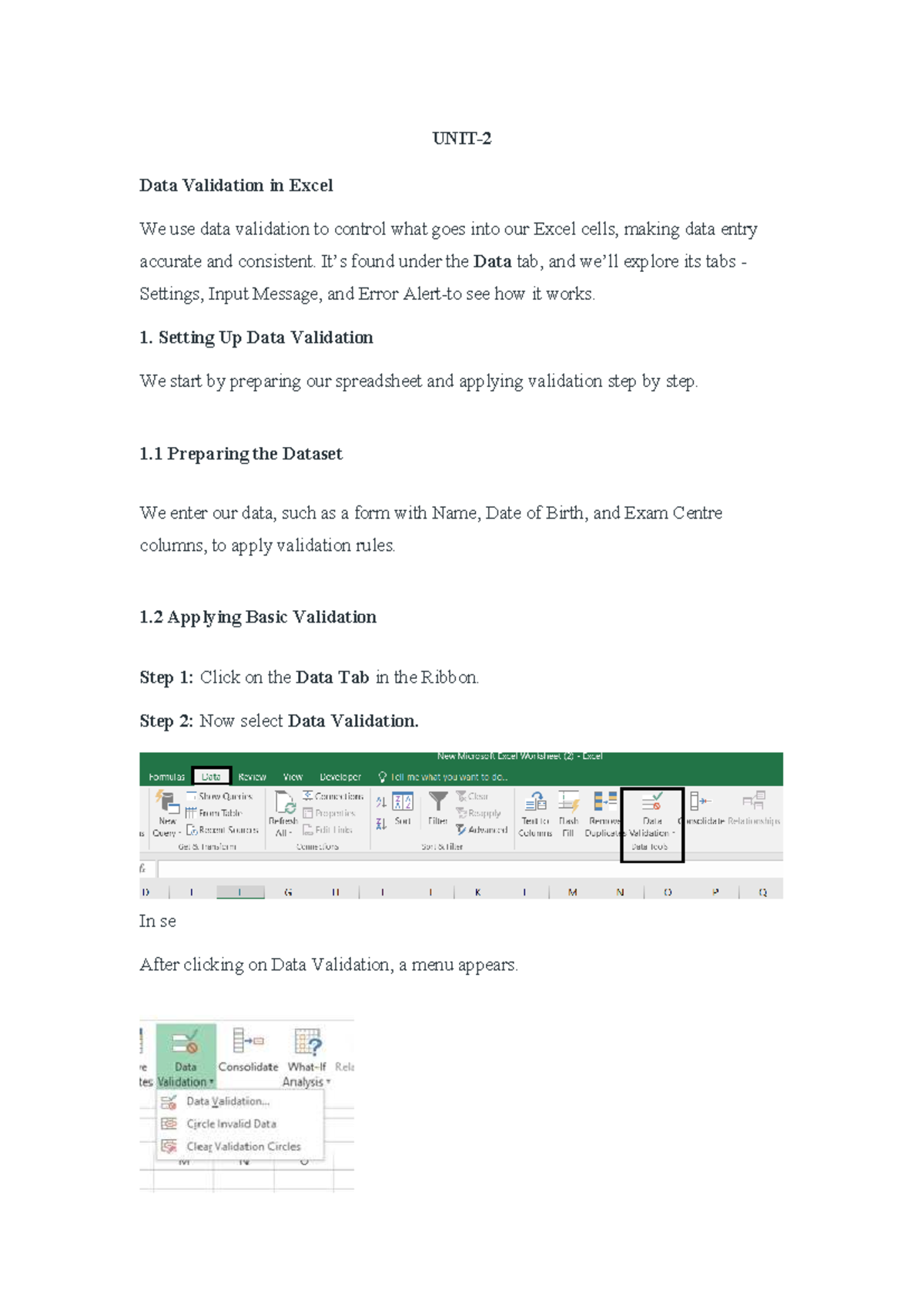 Data Validation Techniques in Excel (UNIT 2) - Studocu