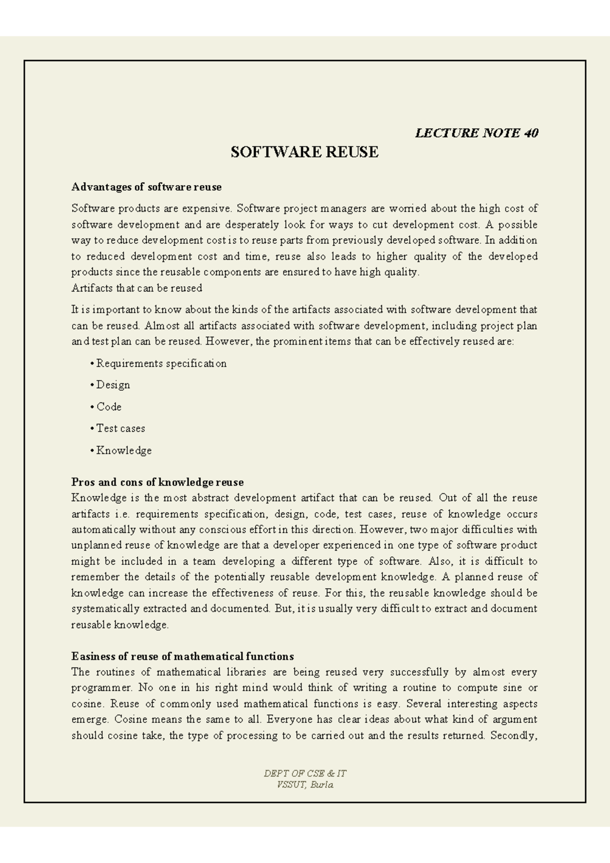 Reuse Approaches In Software Development Lecture Notes Cse It Dept Of Cse And It Lecture