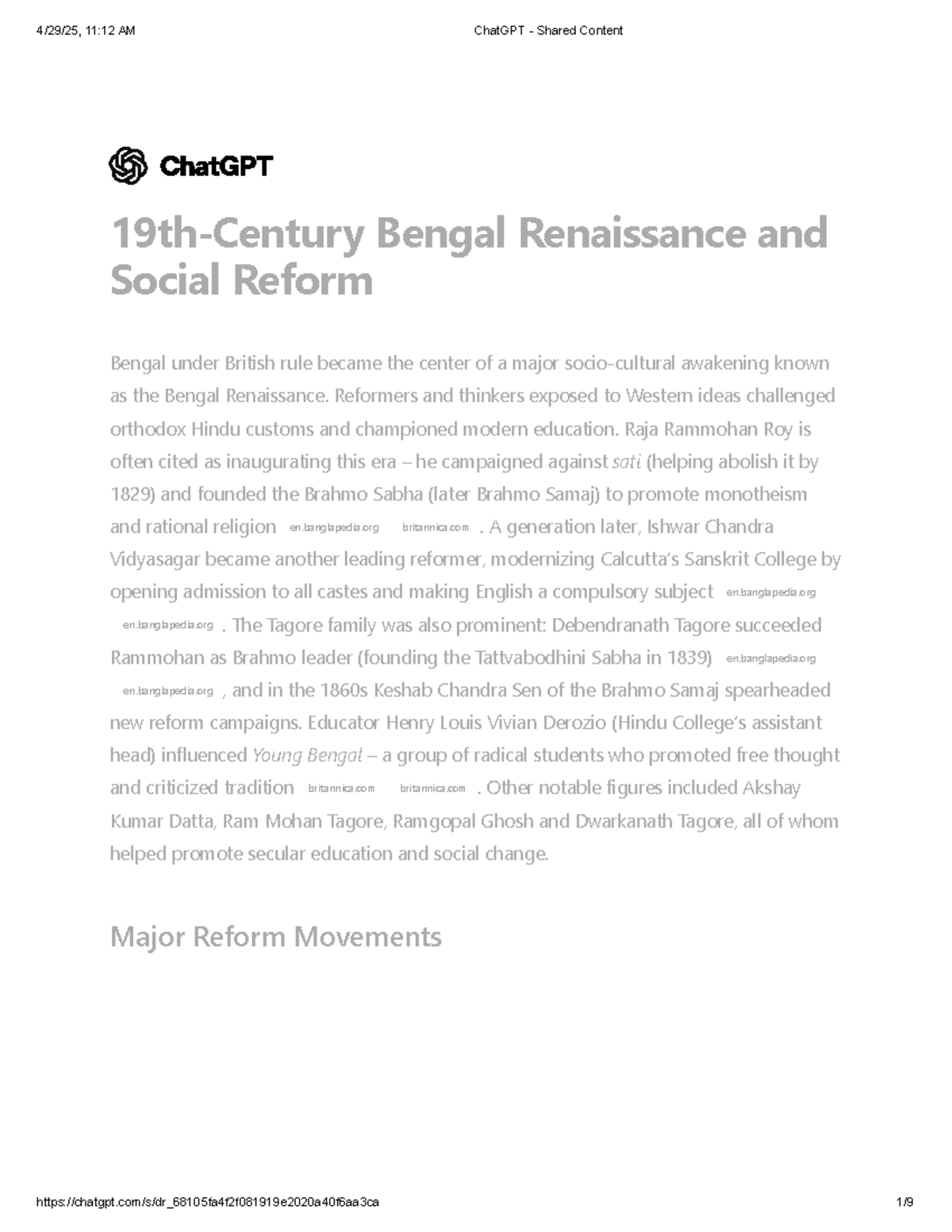 BENG 19: Social Education and Reform Movements in 19th Century Bengal ...