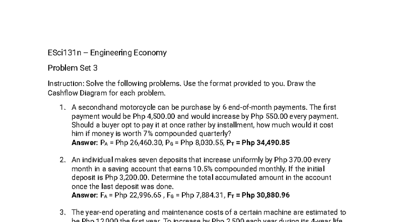 ESci131n Engineering Economy Problem Set 3 - Gradients Solutions - Studocu