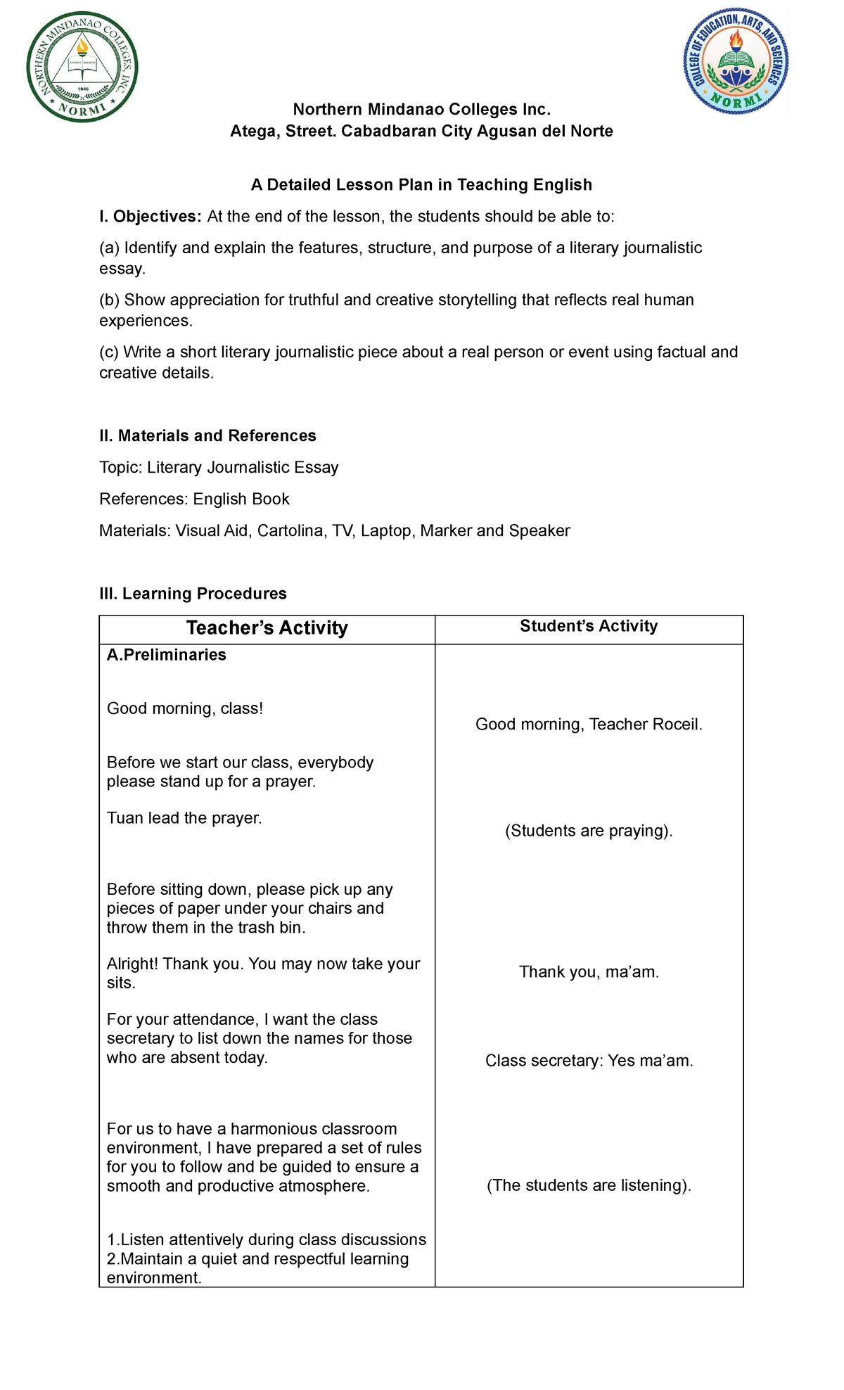 Detailed Lesson Plan: Teaching Literary Journalistic Essay (ENG I ...