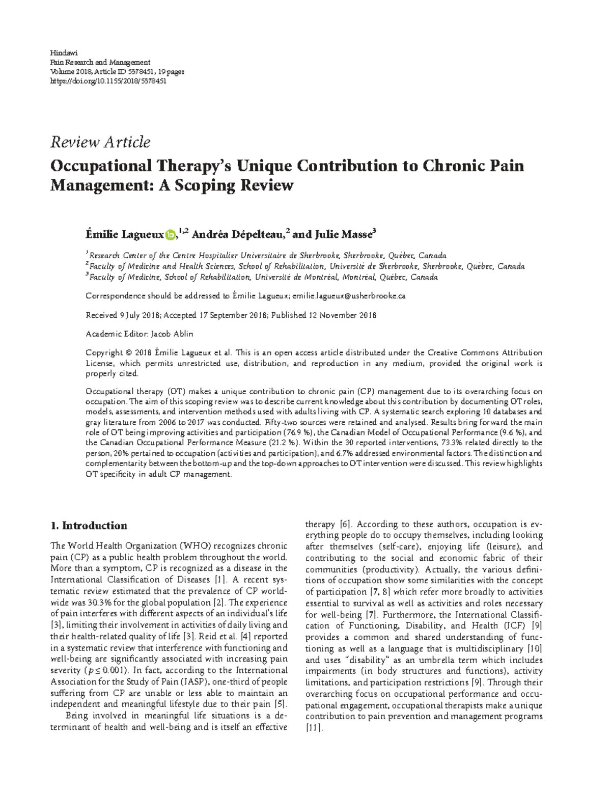 Occupational Therapy's Role in Chronic Pain Management: A Scoping ...