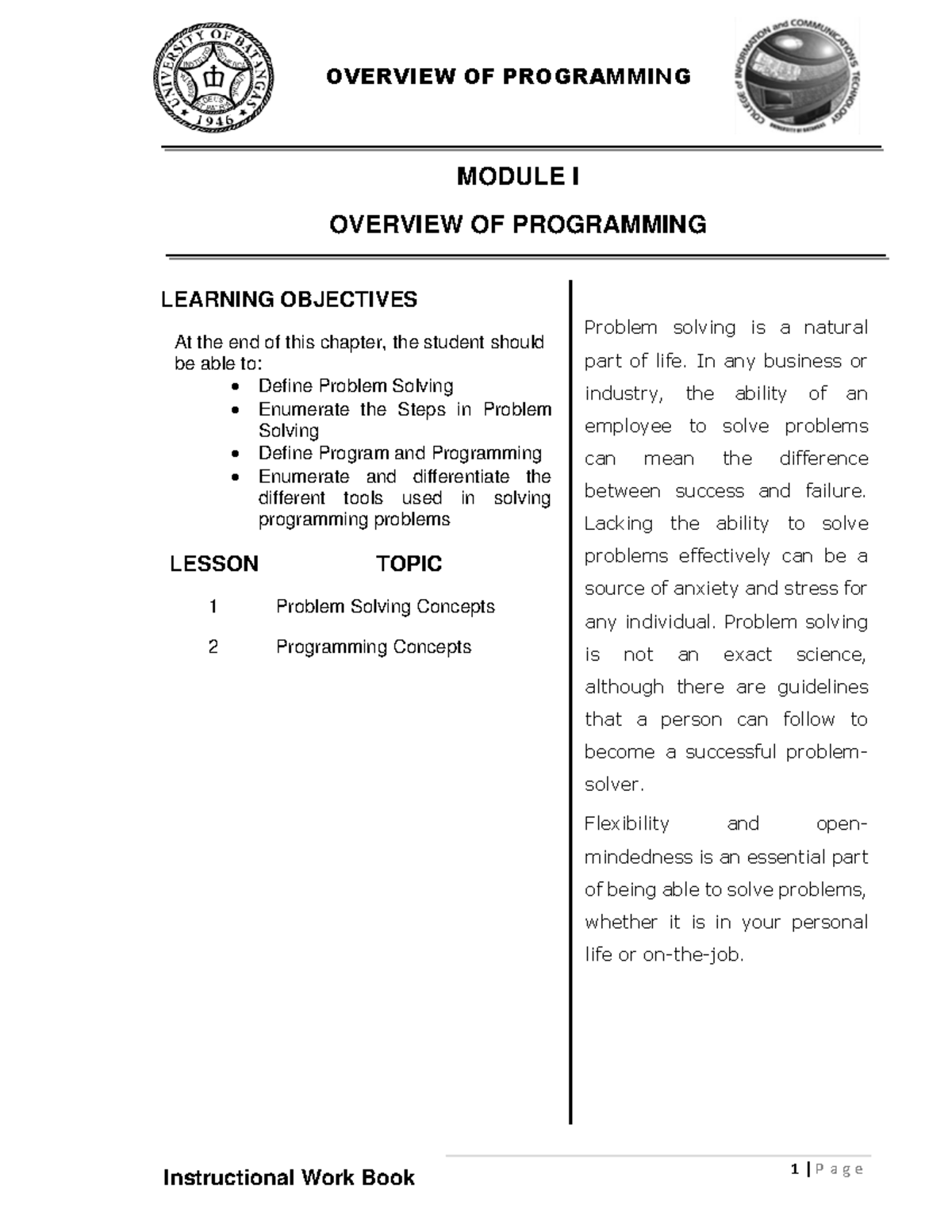 Module 13 - 1 | P a g e MODULE I OVERVIEW OF PROGRAMMING Problem ...