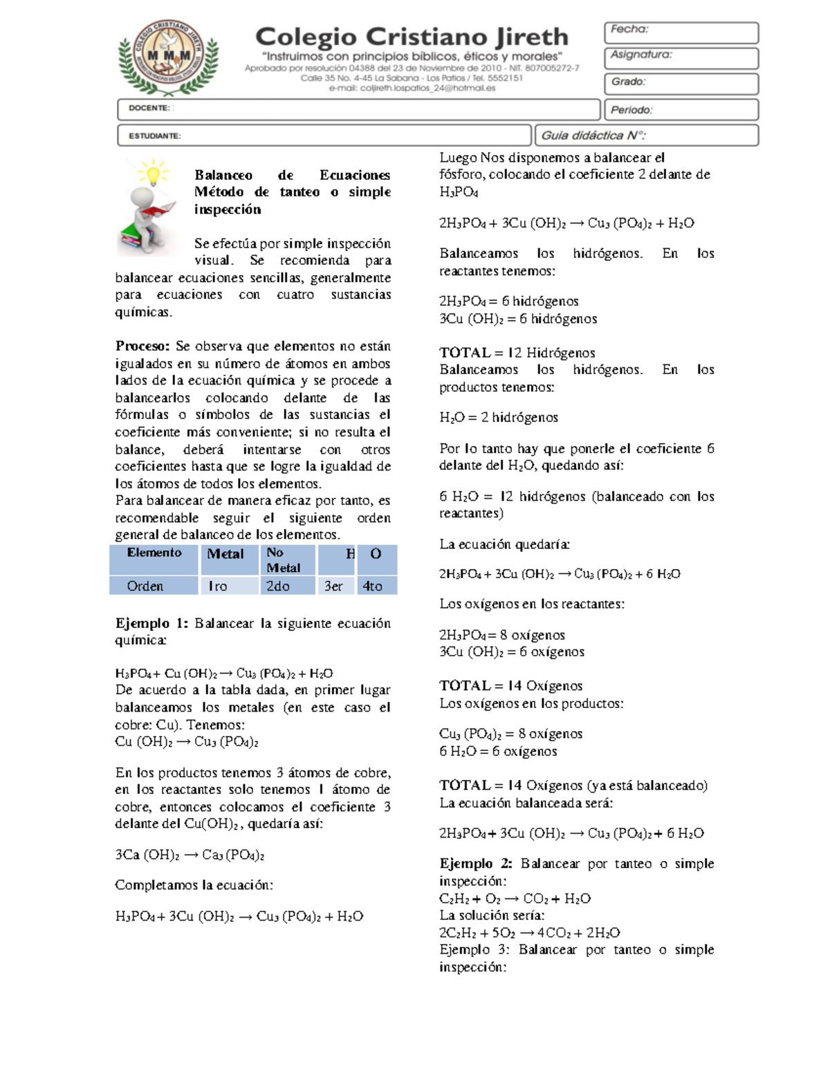 Ola - APUNTES IMPORTANTES - Balanceo de Ecuaciones Método de tanteo o ...