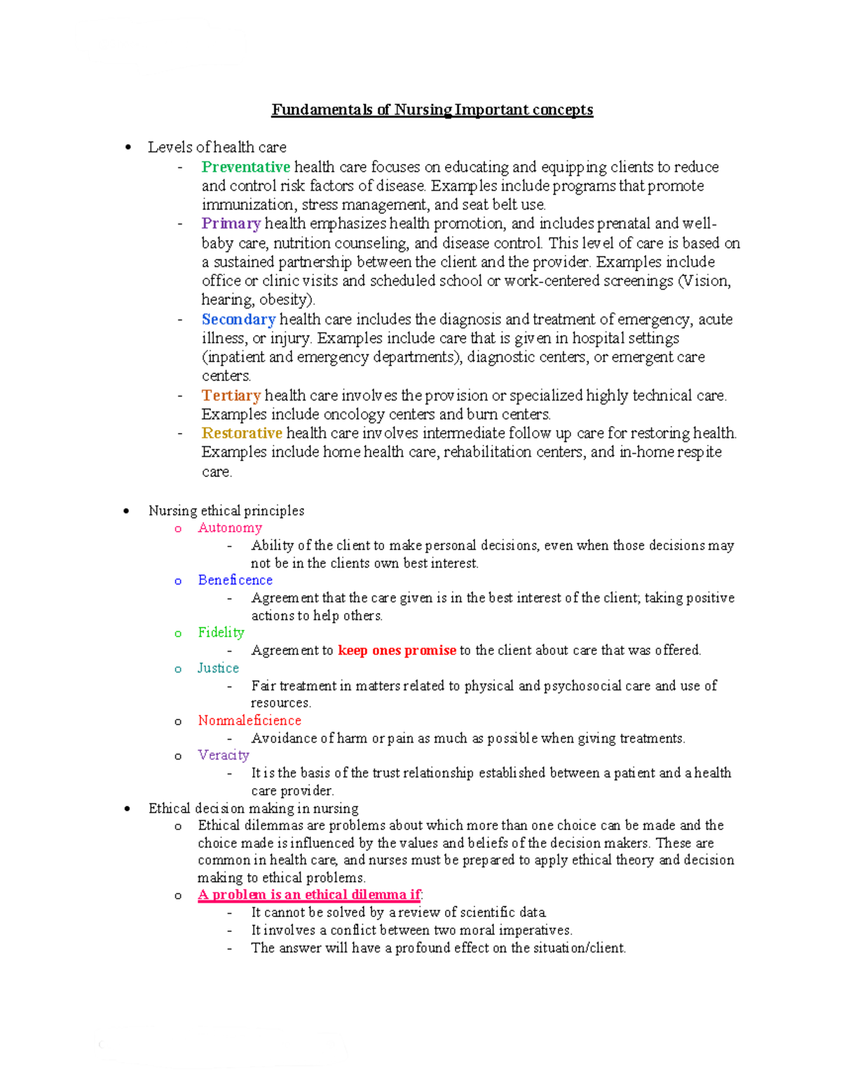 Fundamentals of Nursing Study Guide 1: Key Concepts & Ethical ...