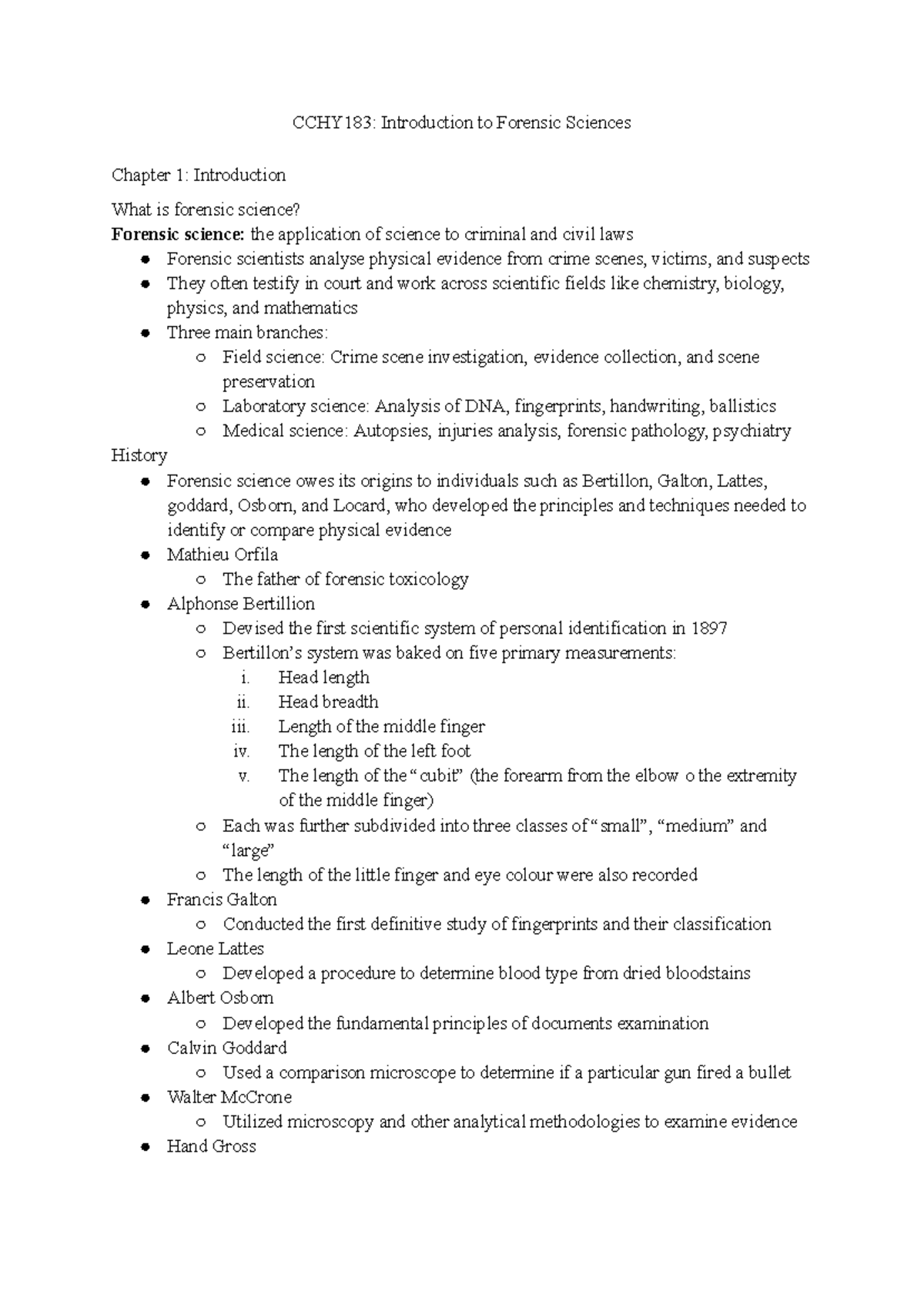 CCHY183: Forensic Sciences Lecture 1 - Introduction to Forensic Science ...
