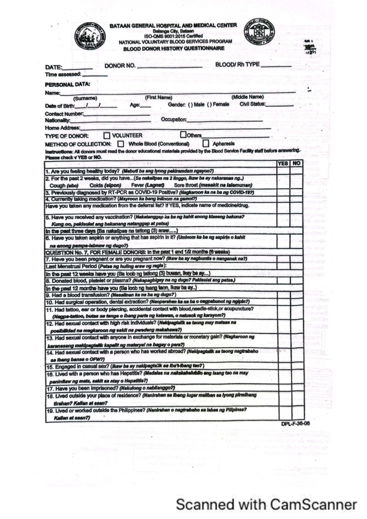 Blood Donor History Questionnaire - Bataan General Hospital - Studocu