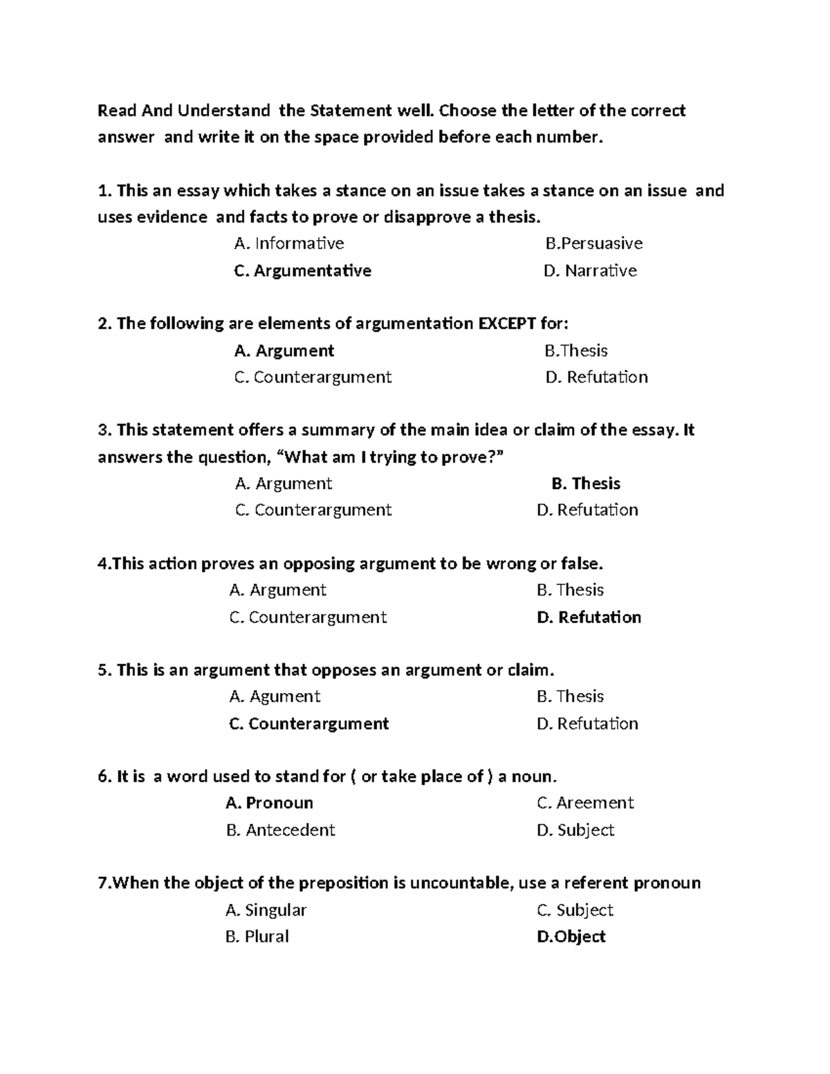 English 10 Quiz: Understanding Essay Elements and Argumentation - Studocu