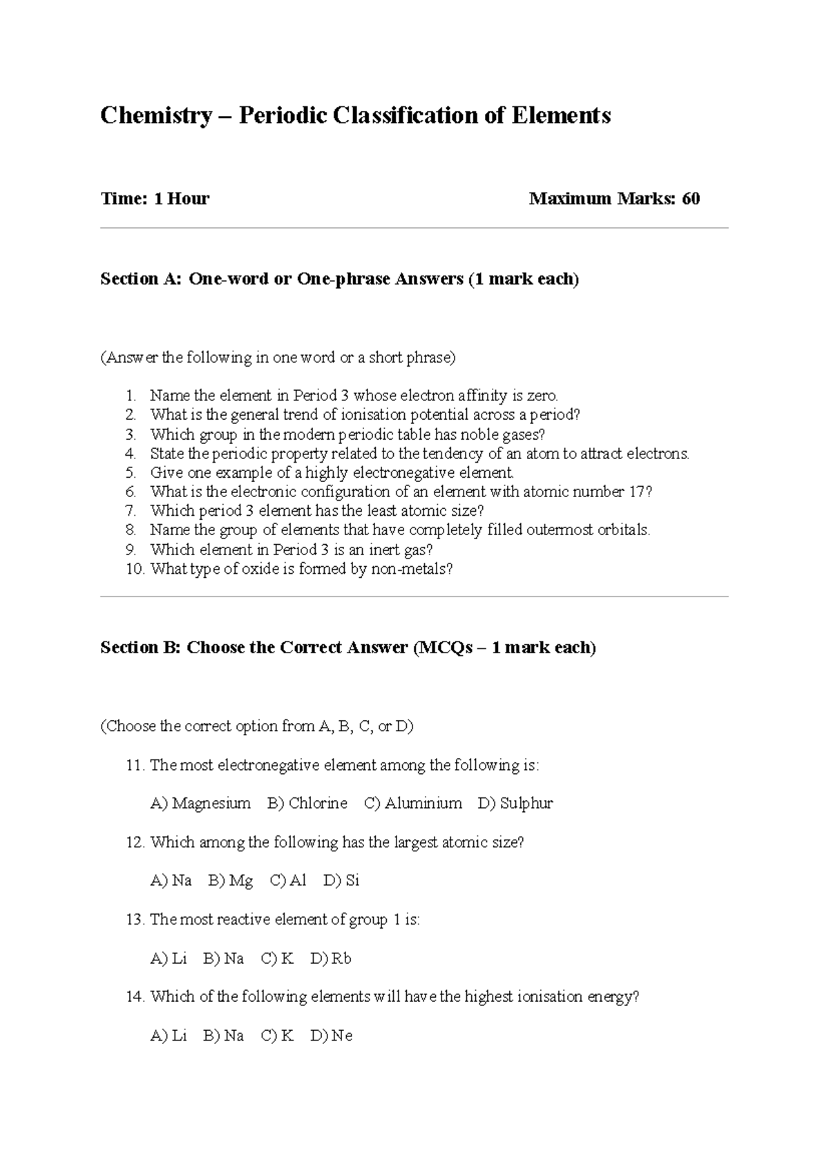 Chemistry Quiz: Periodic Classification of Elements (1 Hour, 60 Marks ...