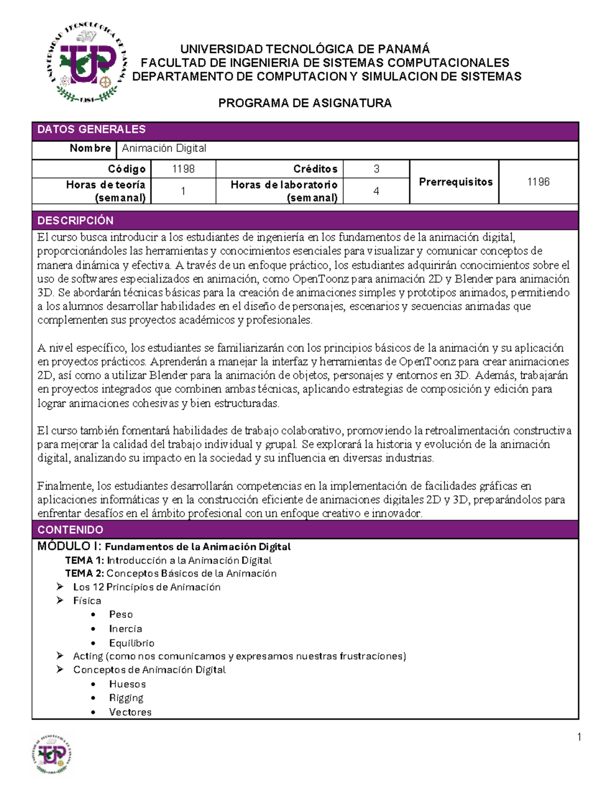 Programa de Asignatura 2025: Animación Digital (Código 1198) - Studocu