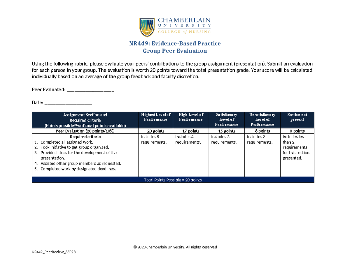 NR449 Peer Review Guidelines SEP23 - NR449: Evidence-Based Practice Group Peer Evaluation Using ...