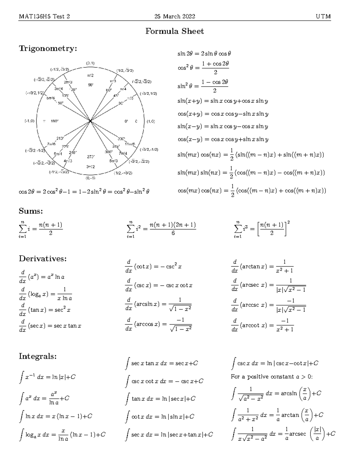 MAT136H5 Test 2 Formula Sheet - Trig, Derivatives & Integrals - Studocu