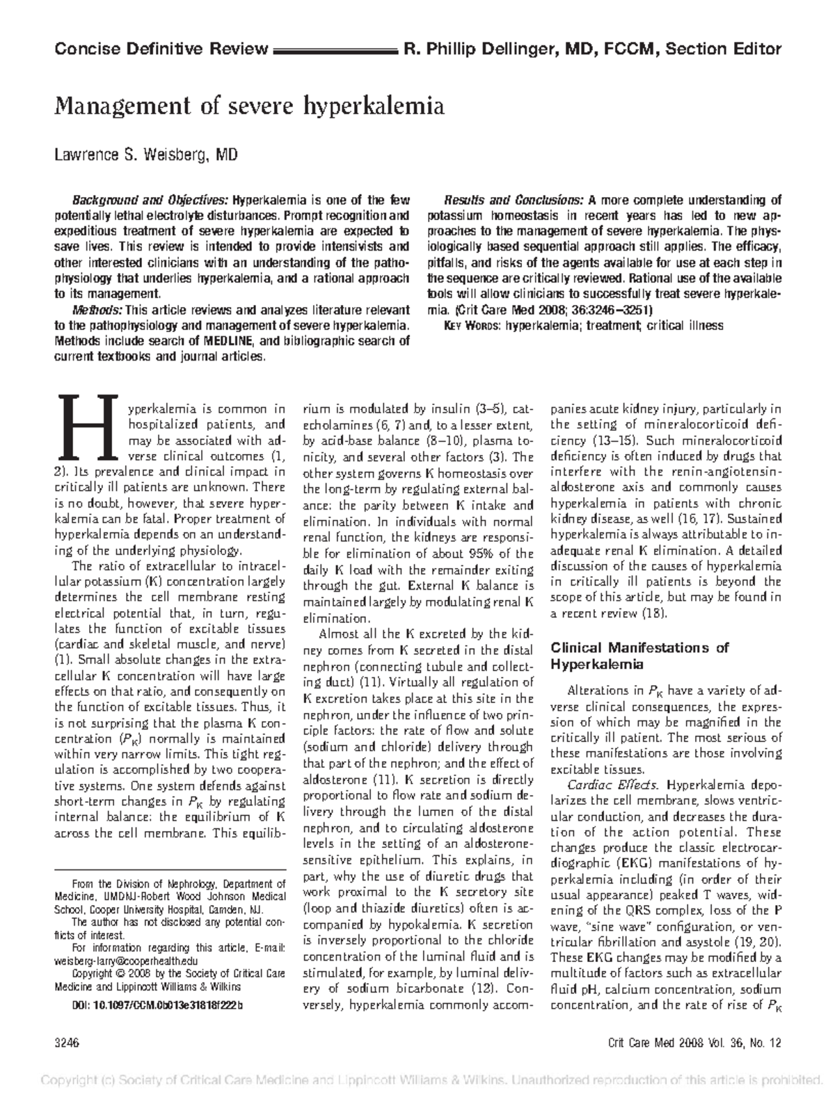 Management of severe hyperkalemia - Concise Definitive Review R ...