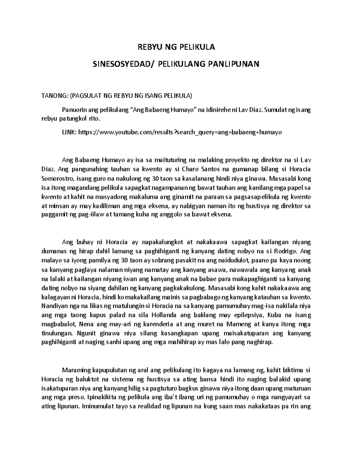 Rebyu NG Pelikula - REBYU NG PELIKULA SINESOSYEDAD/ PELIKULANG ...