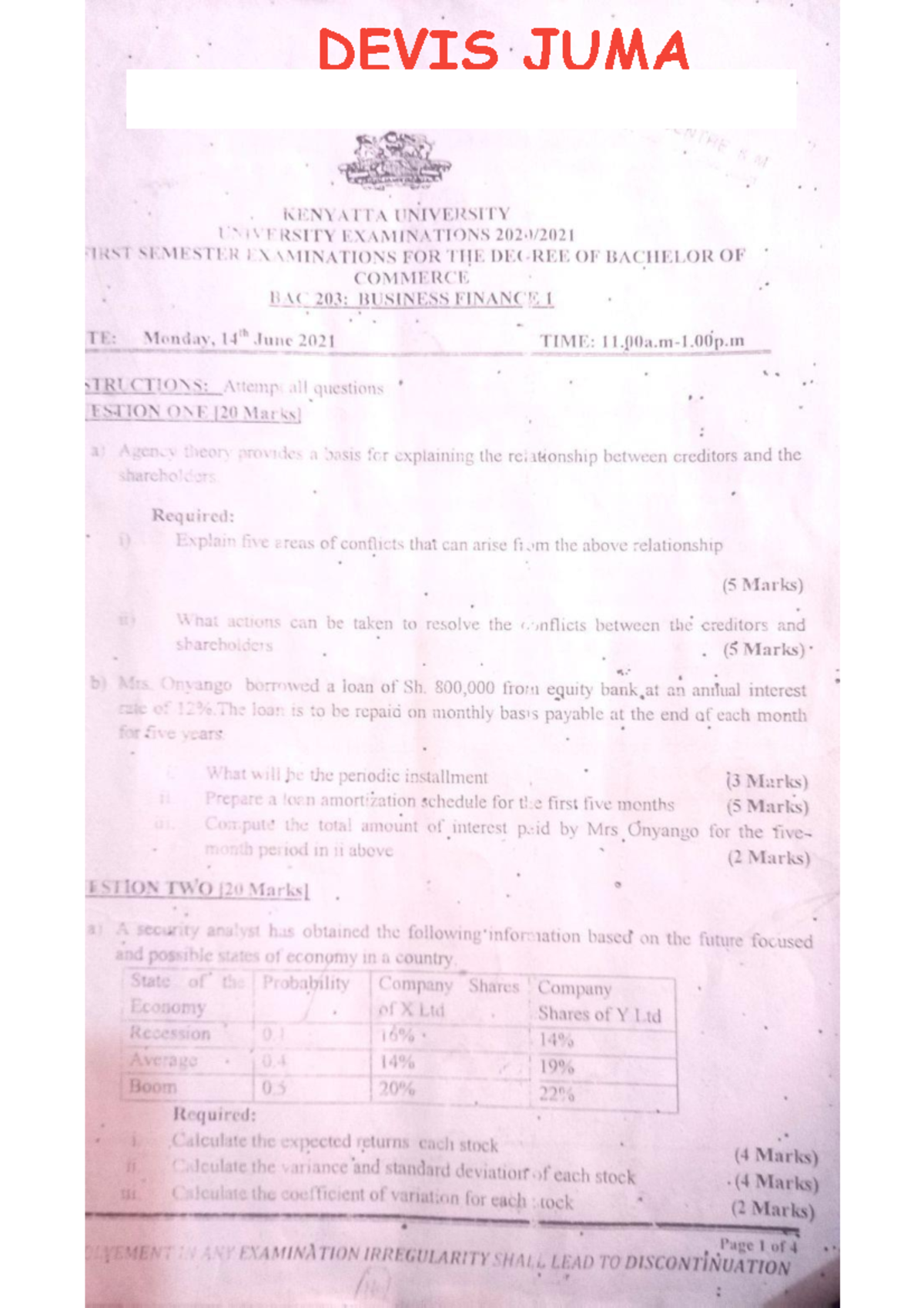 BAC 203: Business Finance Past Exam Paper Analysis - Studocu