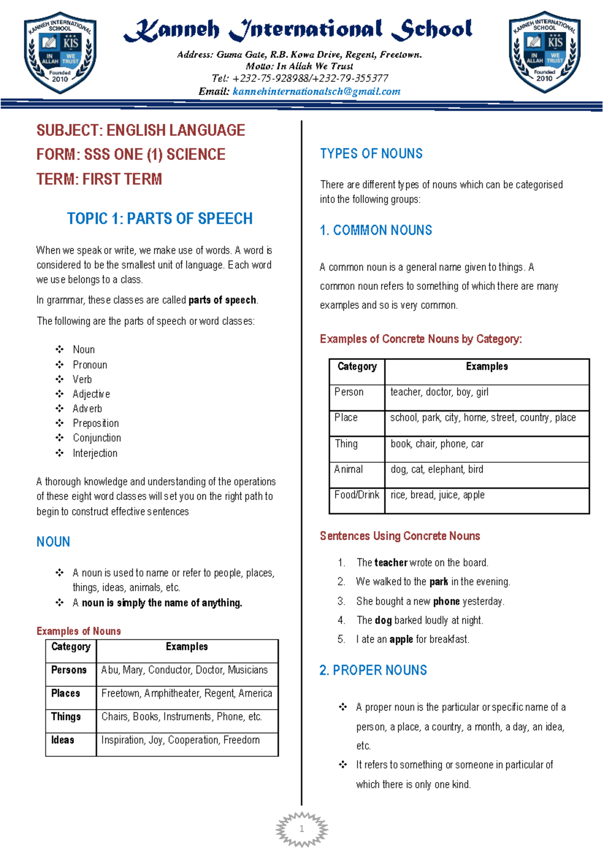 English Language Lesson Notes: Types of Nouns (Form 1, First Term ...