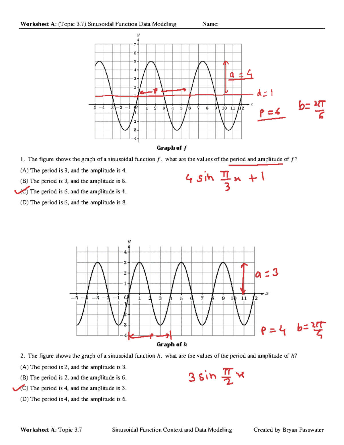AP Precalculus worksheets 3 - Worksheet A: (Topic 3. 7 ) Sinusoidal ...
