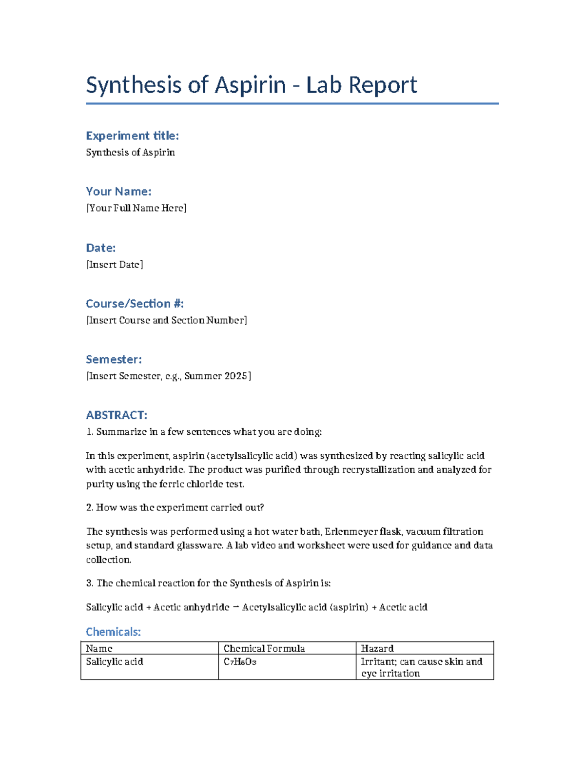 Synthesis of Aspirin Lab Report (Chem 101) - Studocu