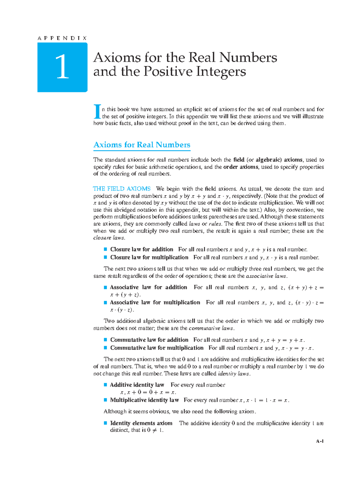 Appendix 1 - Axioms for the Real Numbers and the Positive Integers - In ...