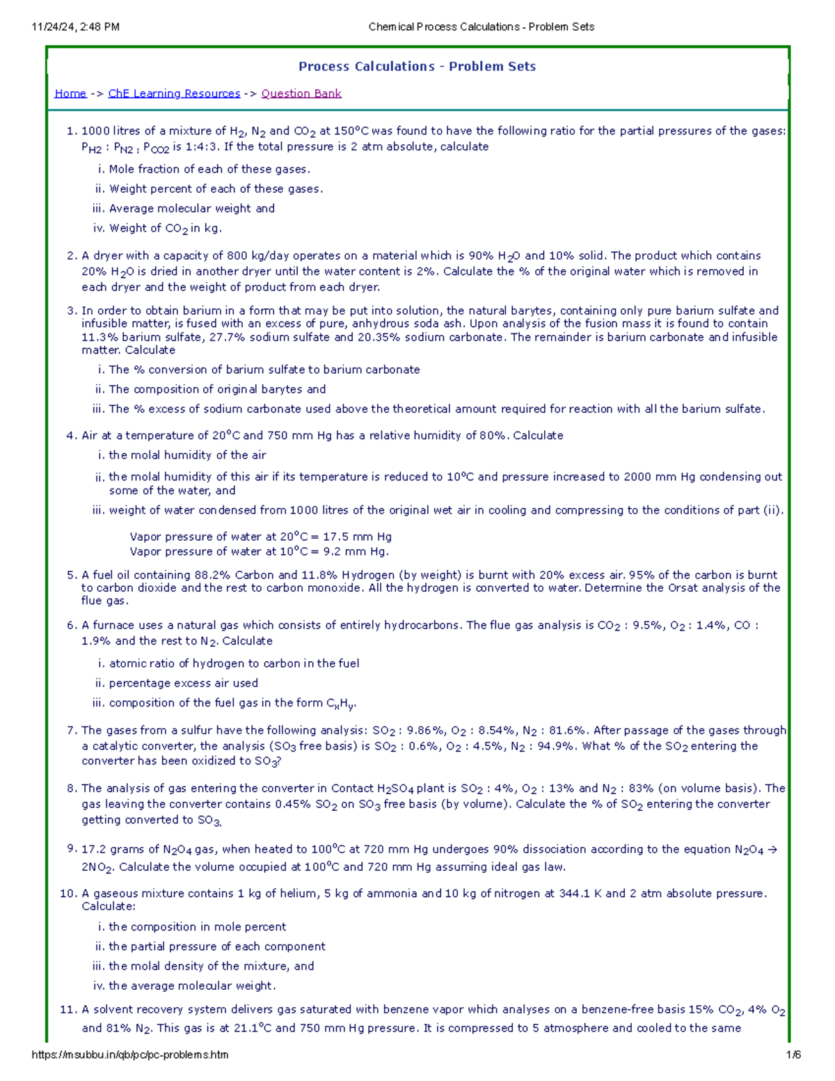 Chemical Process Calculations - Problem Sets for ChE 101 - Studocu