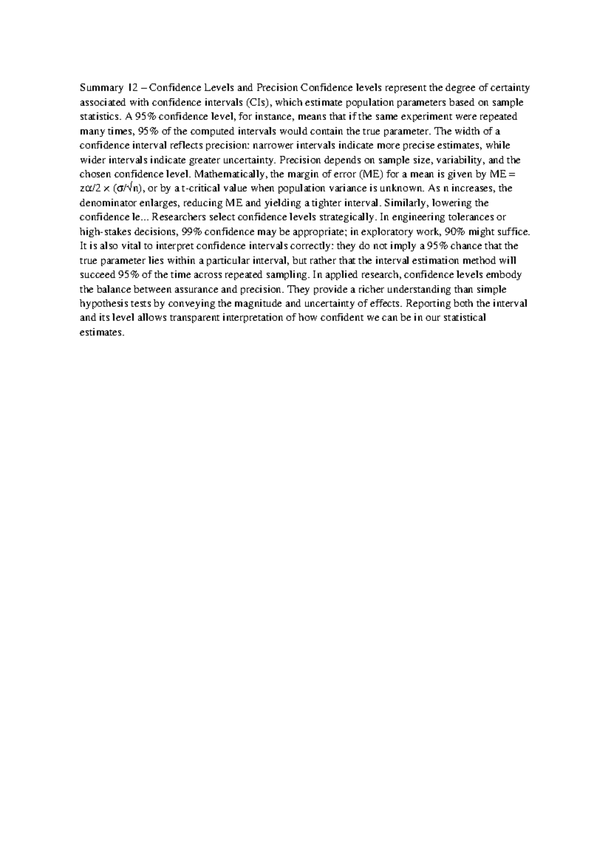 Summary 12: Understanding Confidence Levels & Precision - Studocu