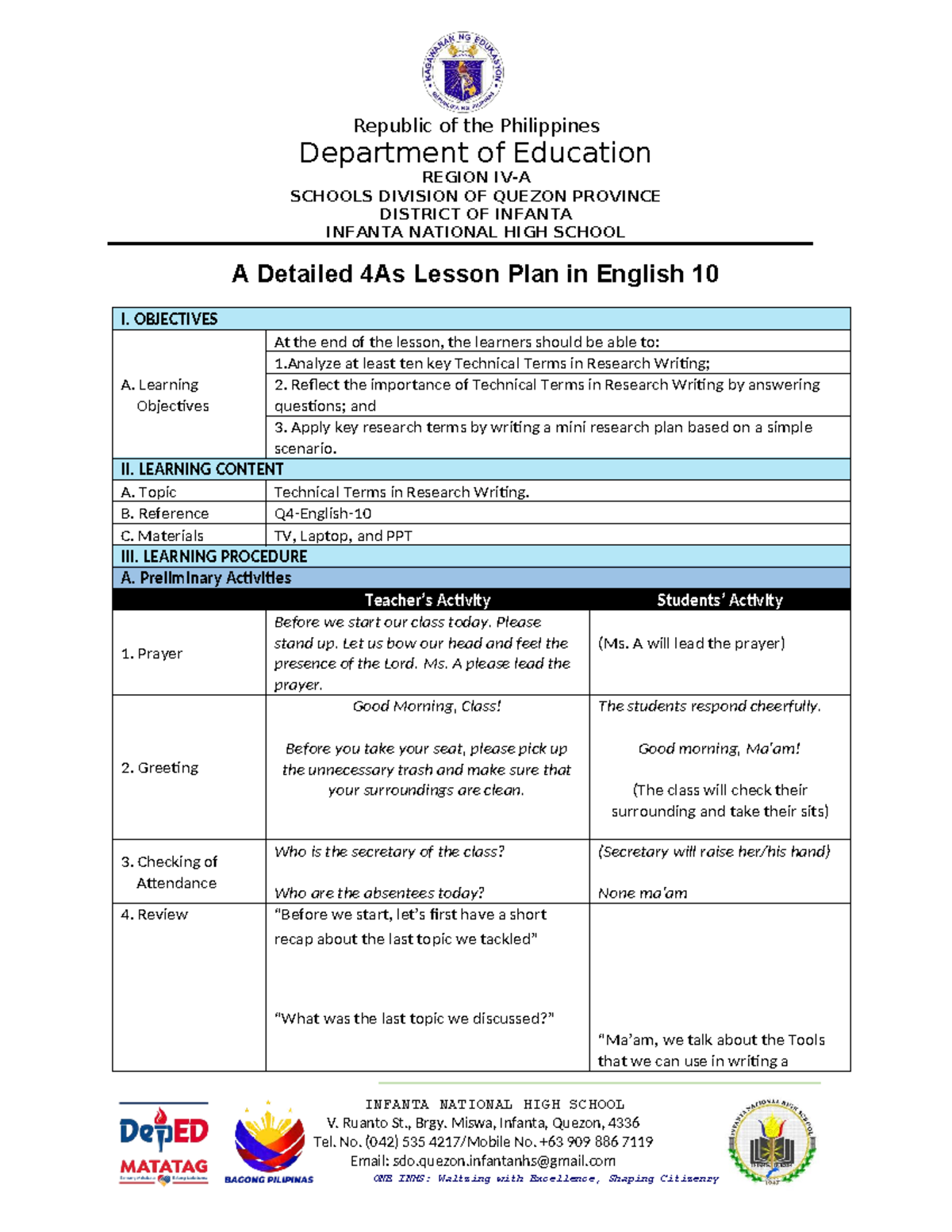 Q4-L2: Detailed 4As Lesson Plan on Technical Terms in Research Writing ...