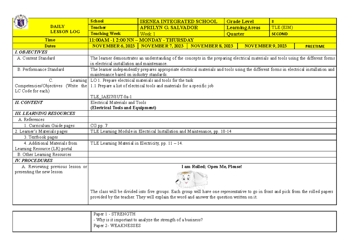 Grade 8 TLE (EIM) Week 1 Daily Lesson Log - Electrical Tools & Materials - Studocu