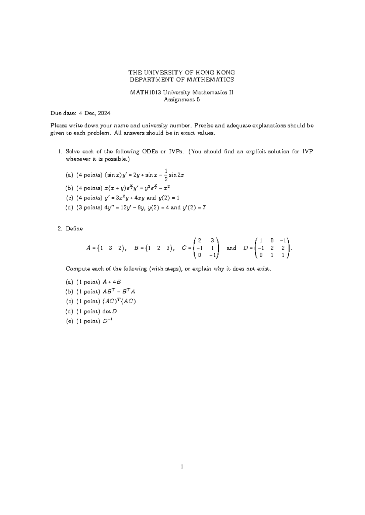 MATH1013 Assignment 5: University Mathematics II Solutions - Studocu