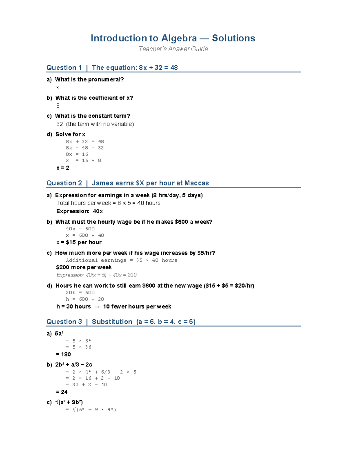 Algebra Basics Worksheet Solutions Guide (Course Code: ALG101) - Studocu