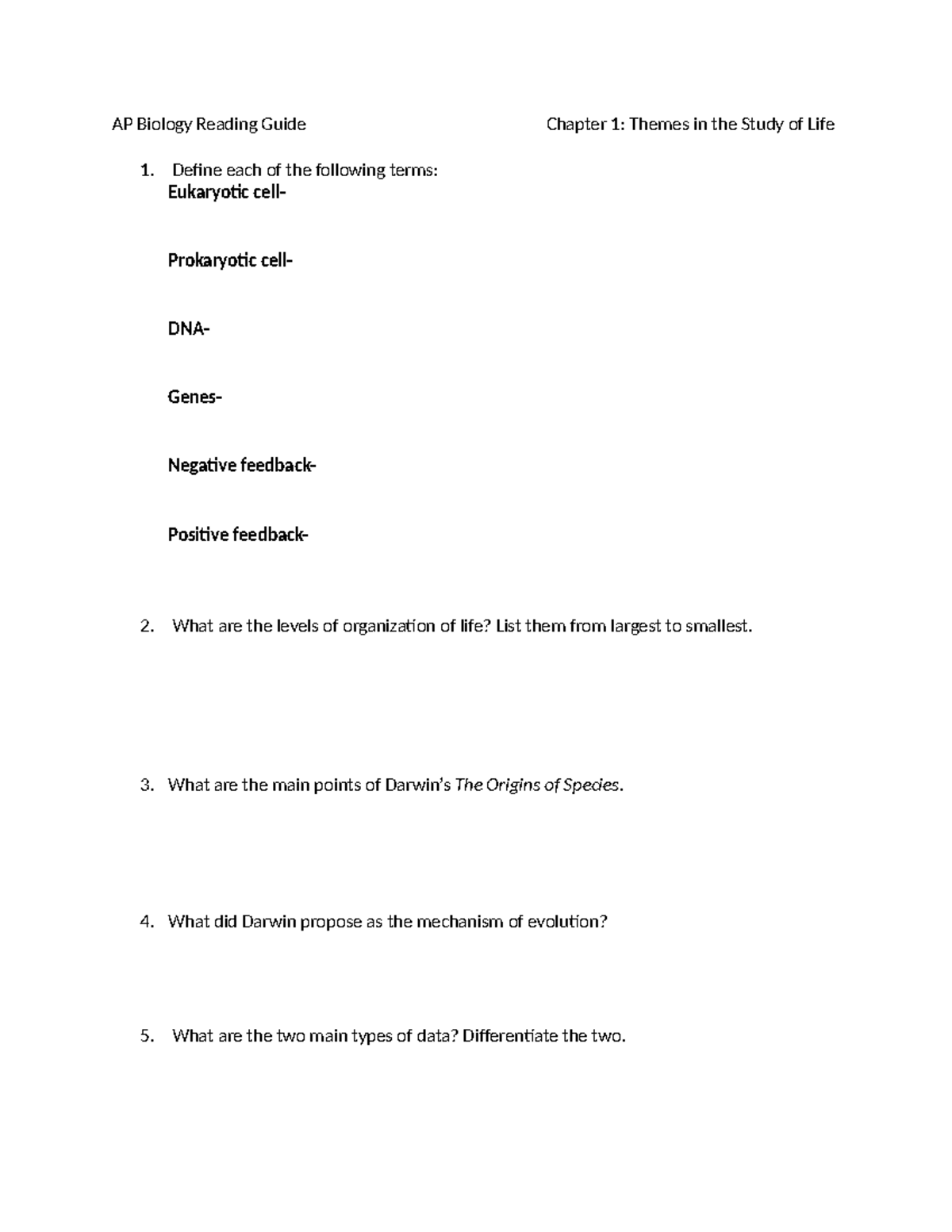 AP Biology Chapter 1 Reading Guide: Themes in Life Study - Studocu