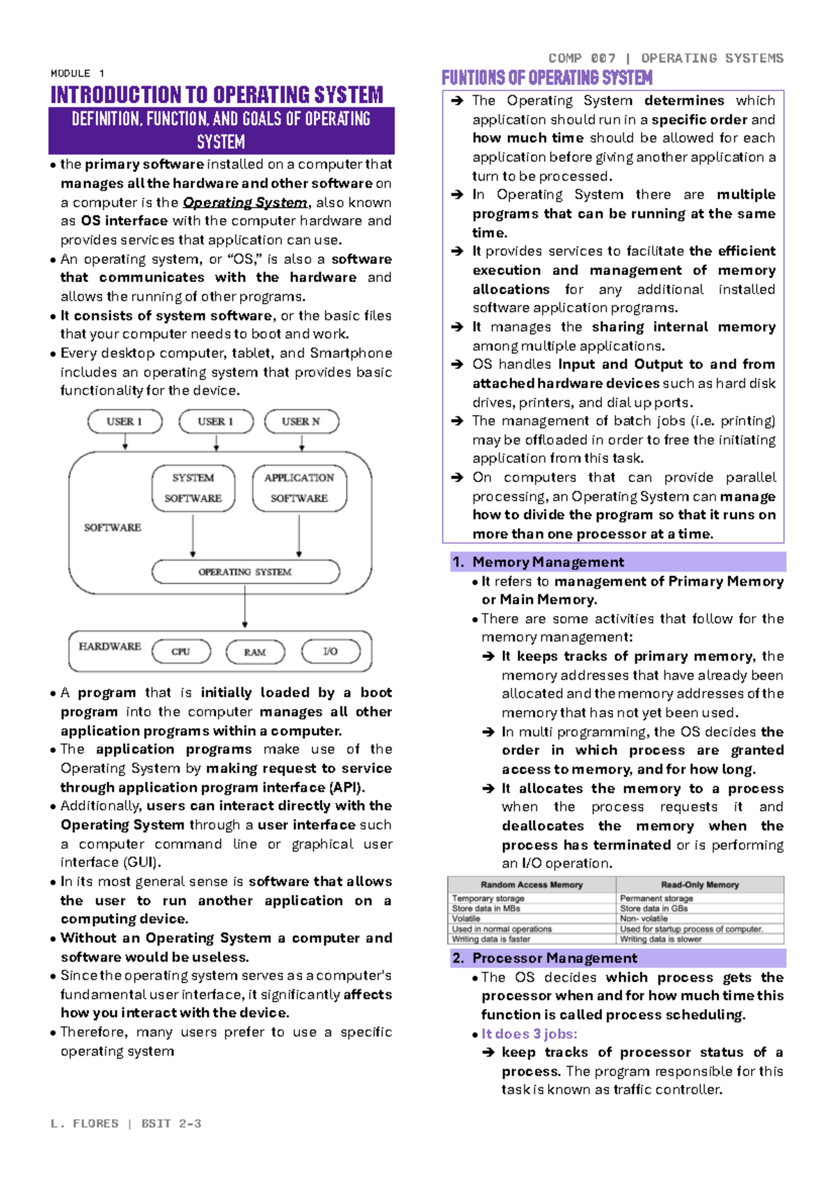 COMP 007 OPERATING SYSTEMS MODULE 1: INTRO TO OS, FUNCTIONS & GOALS ...
