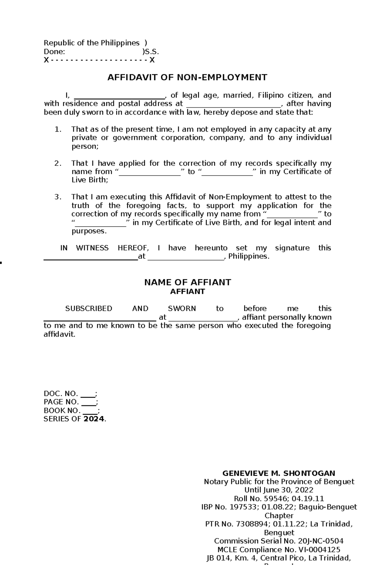 Sample Affidavit of Non-Employment for Legal Purposes - Studocu