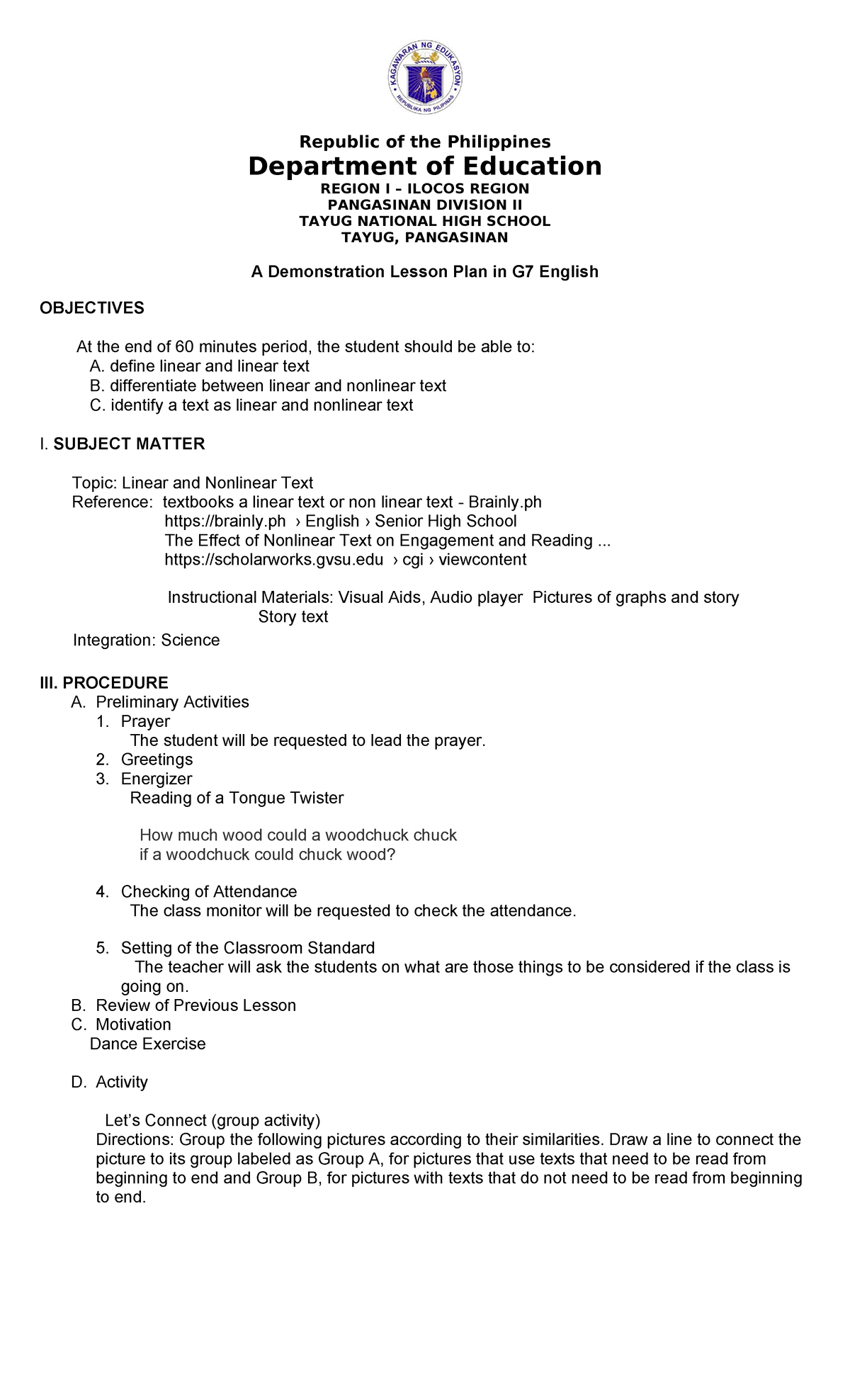 DLP COT2 - G7 English Lesson Plan on Linear & Nonlinear Text - Studocu