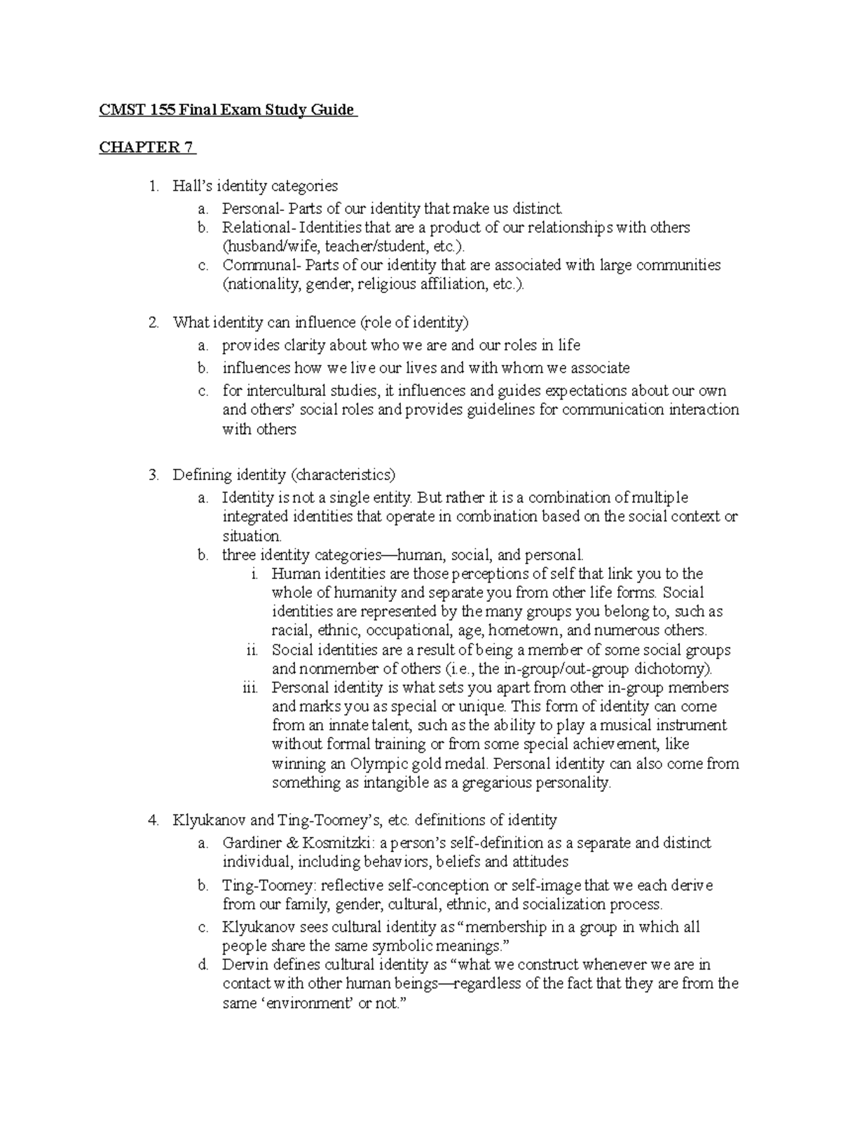 CMST 155 Final Exam Study Guide: Understanding Identity and Culture ...