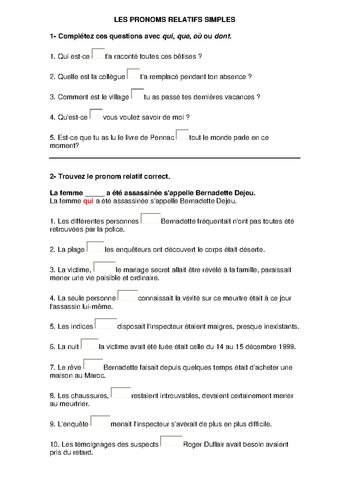 Exercices pronoms relatifs simples et composc 3a9s - LES PRONOMS ...