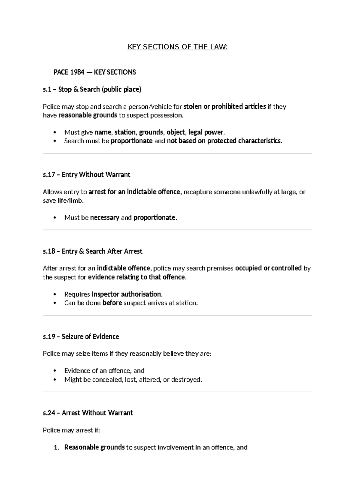 KEY SECTIONS OF THE LAW: PACE 1984 EXAM ESSENTIALS - Studocu
