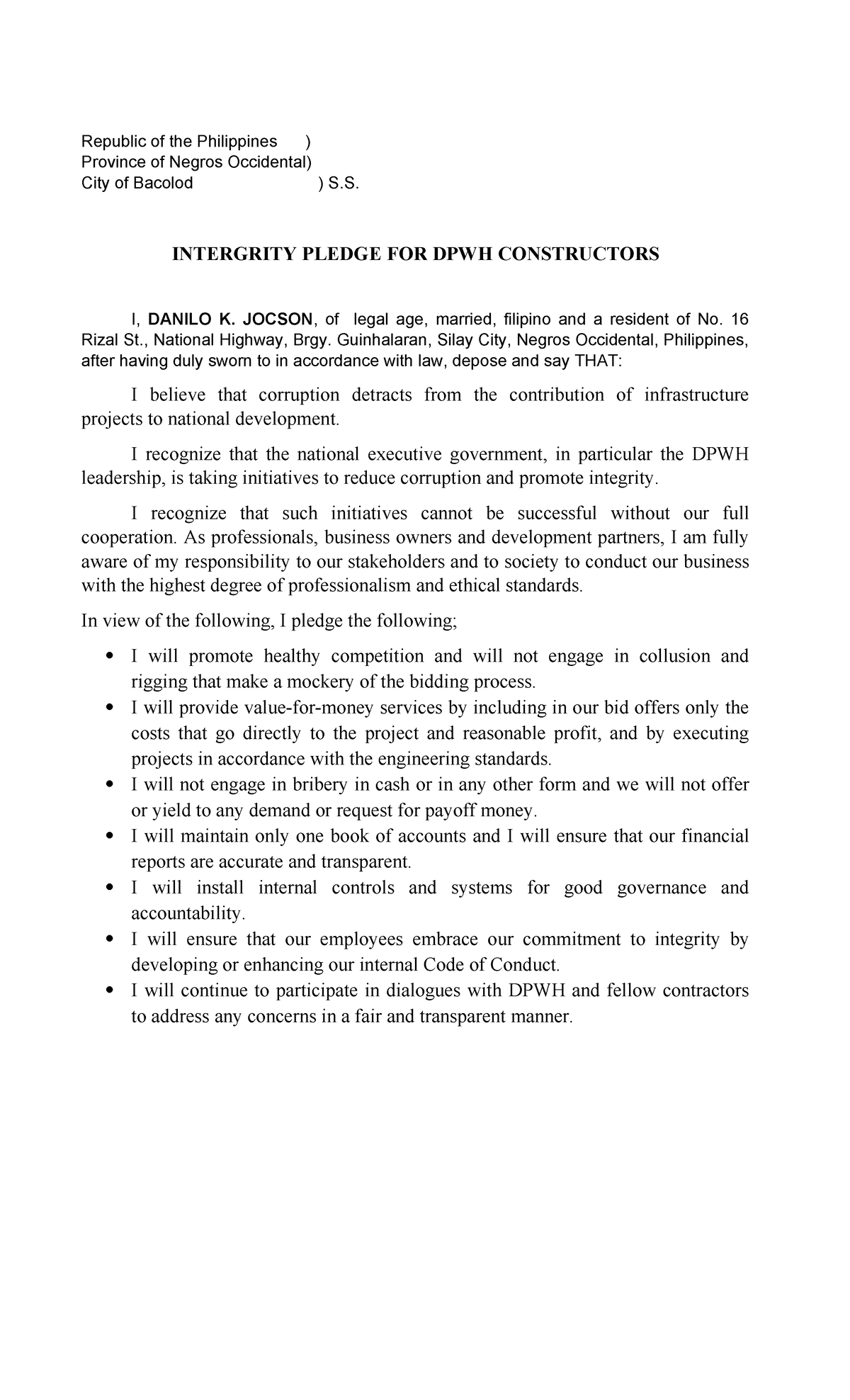 Integrity Pledge for DPWH Constructors - Negros Occidental - Studocu