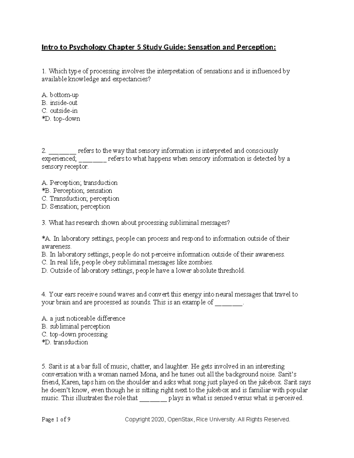 Intro to Psychology (PSY 101): Chapter 5 Study Guide - Sensation ...