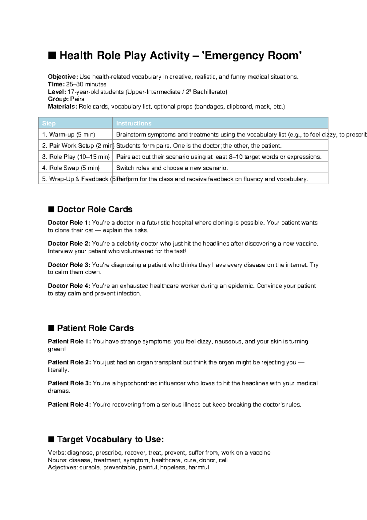 Health Role Play Activity for 2º Bachillerato: Creative Medical ...