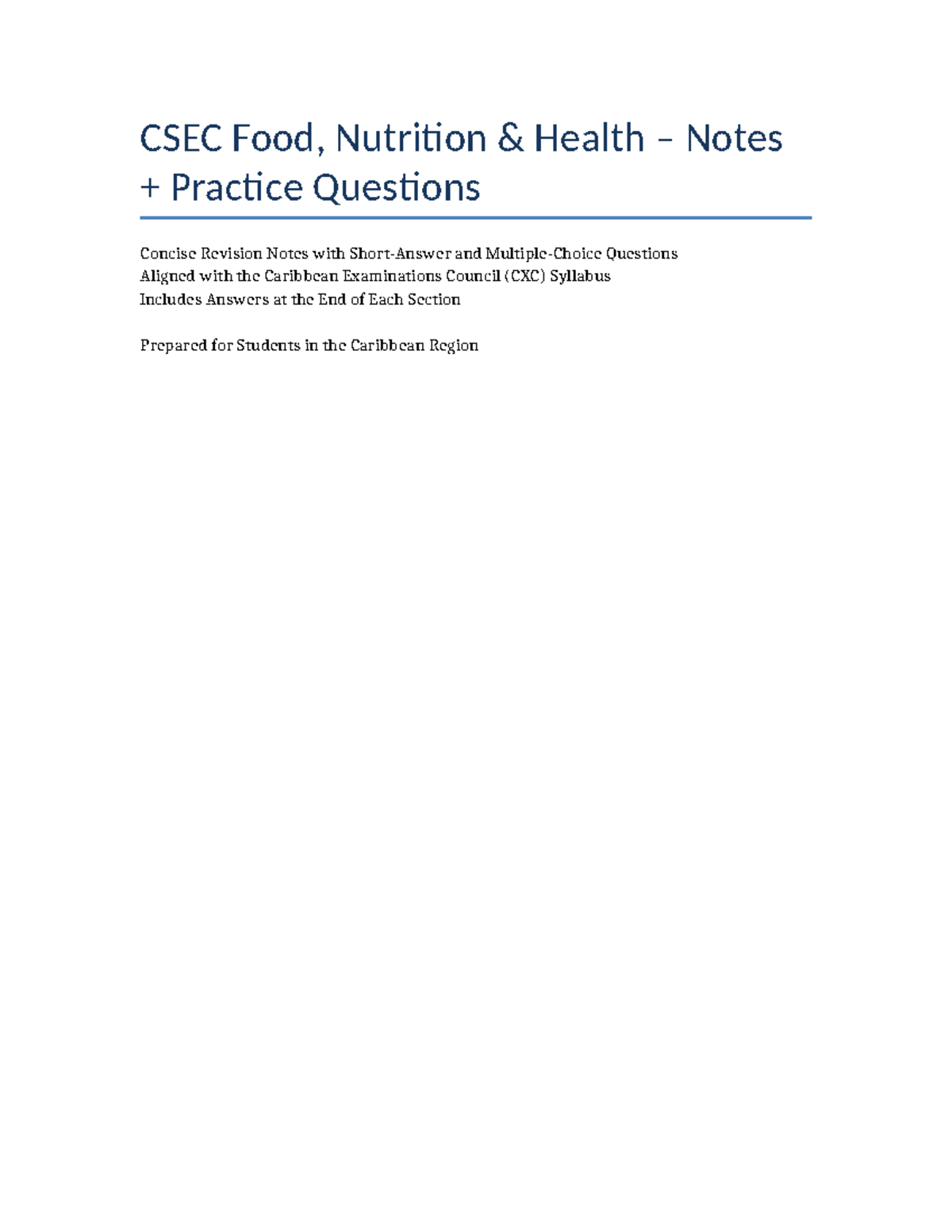 CSEC Food, Nutrition & Health Notes: Practice Workbook for Revision ...