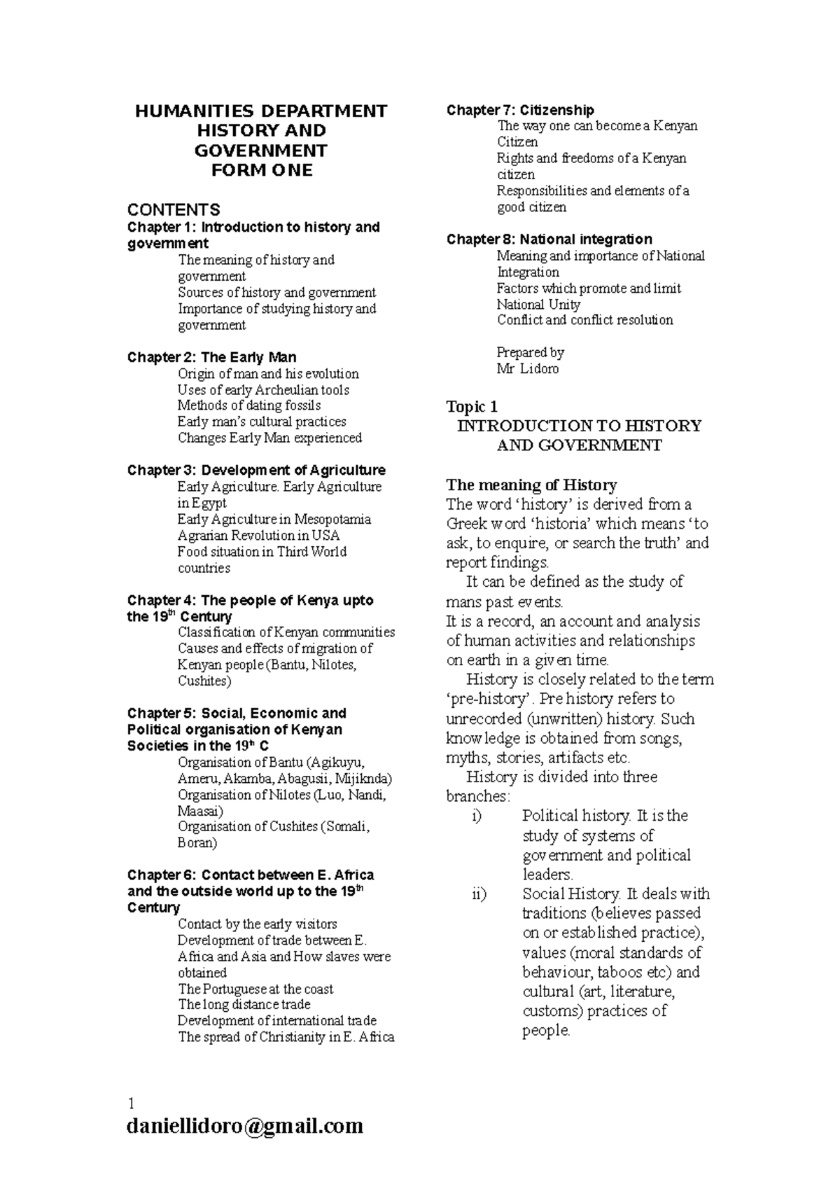 History Notes FORM 1 - HUMANITIES DEPARTMENT HISTORY AND GOVERNMENT ...