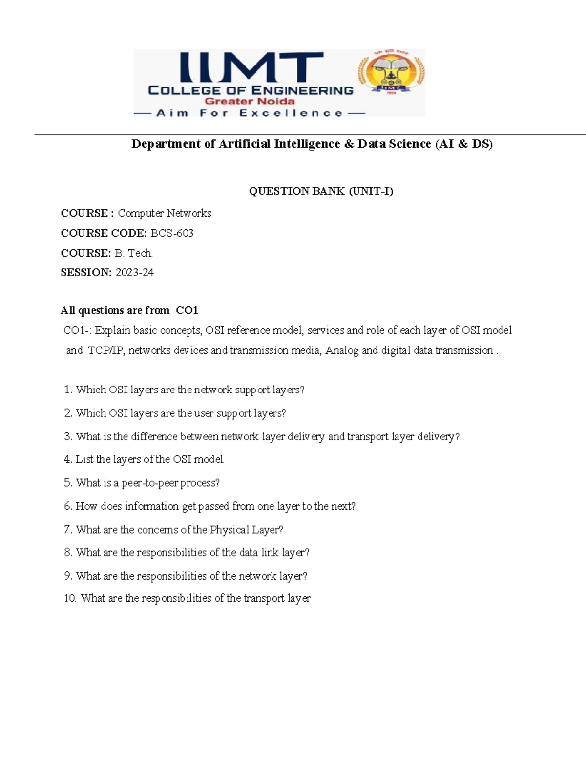 BCS-603 Computer Networks Question Bank (Units I - V) 2023 - Studocu