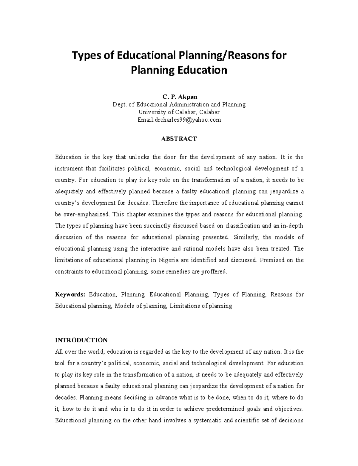 Types and Reasons for Educational Planning: An Analysis - Studocu