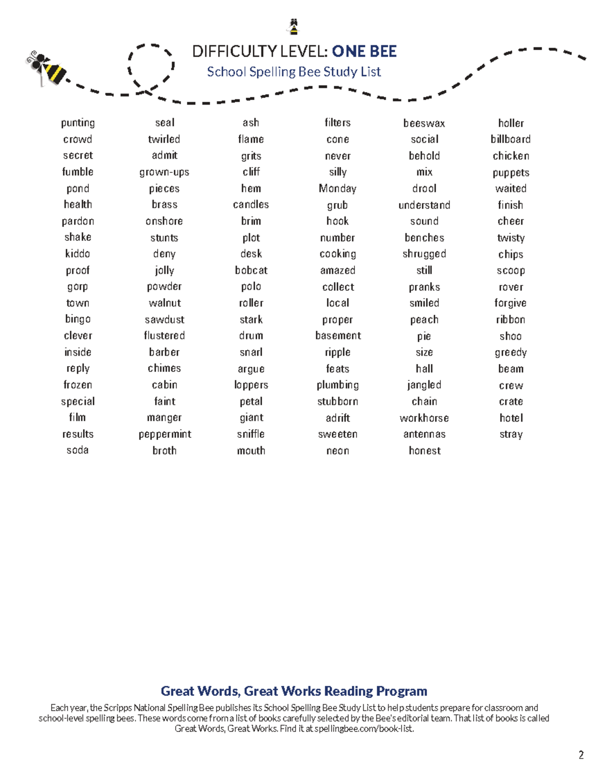DIFFICULTY LEVEL: ONE BEE Spelling Bee Study List for Grades 1-4 - Studocu