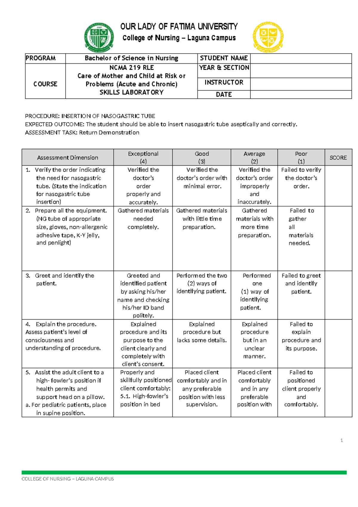 NCMA 219 RLE: Insertion of Nasogastric Tube Procedure Notes - Studocu