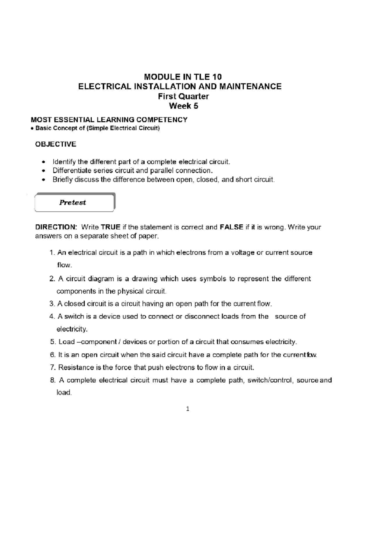 TLE 10 Week 5: Basic Concepts of Electrical Circuits and Components ...
