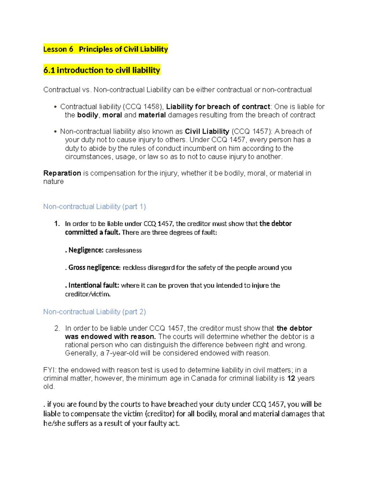 Lesson 6: Key Concepts of Civil Liability in Quebec (CCQ 1457-1621 ...
