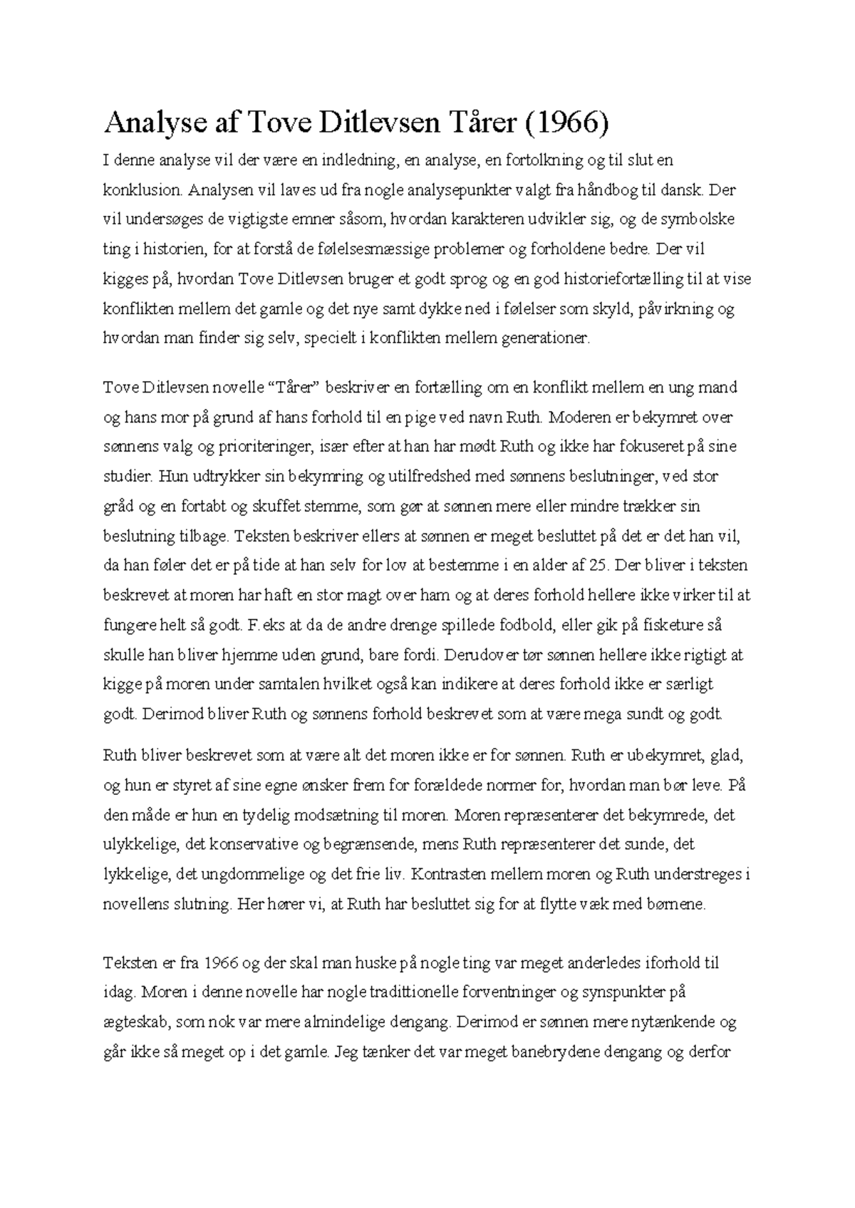 Analyse og Fortolkning af Ditlevsens Novelle "Tårer" (1966) - Studocu